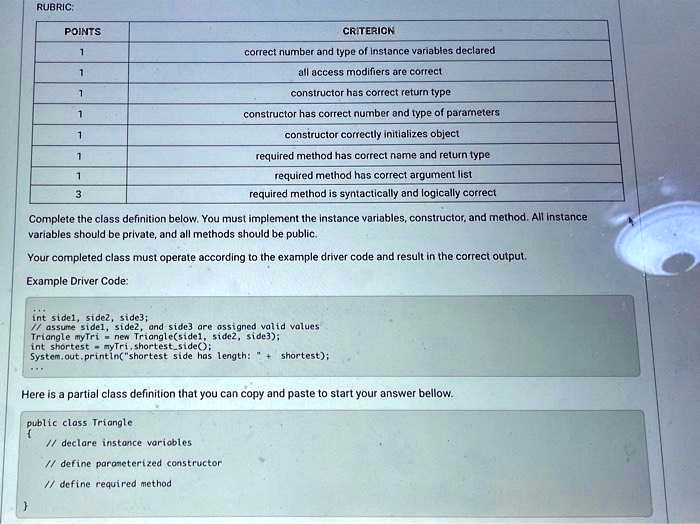 Solved Rubric Points Criterion 1 Correct Number And Type Of Instance Variables Declared All