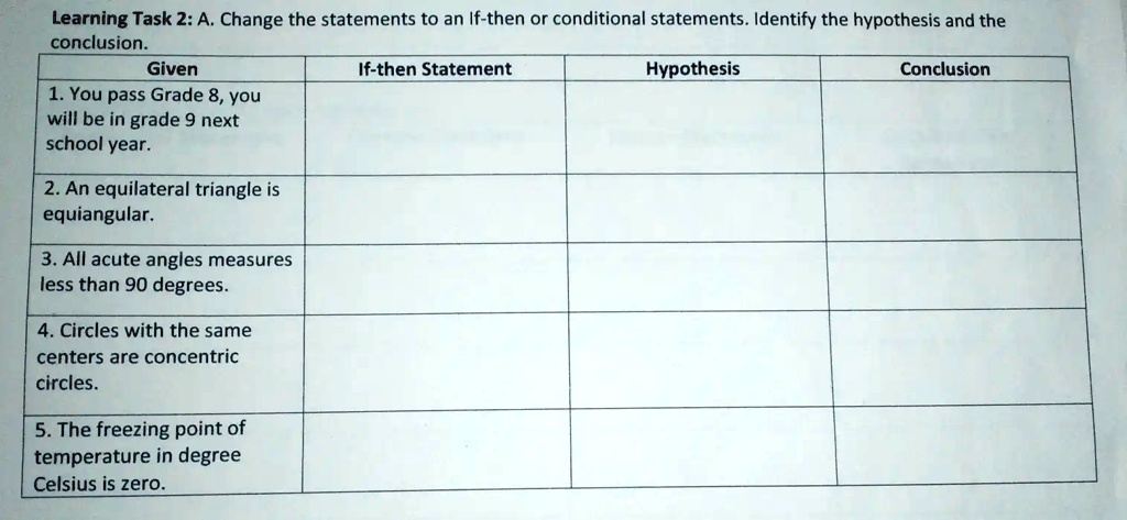 SOLVED: Learning Task 2: A. Change the statements to an If-then or conditional statements ...