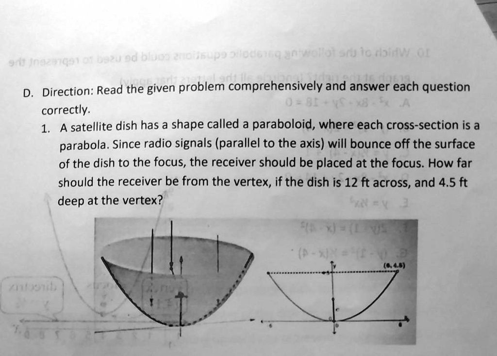 SOLVED: A satellite dish has a shape called a paraboloid, where each cross-section is a parabola ...