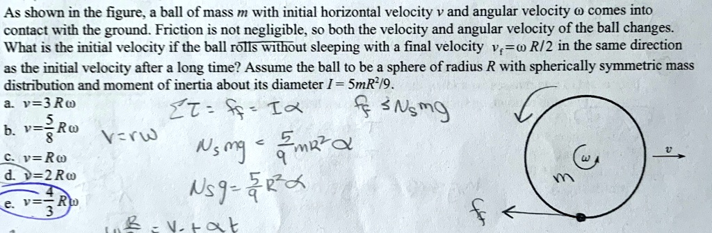 As shown in the figure, a ball of mass m with initial horizontal velocity v and angular velocity ...