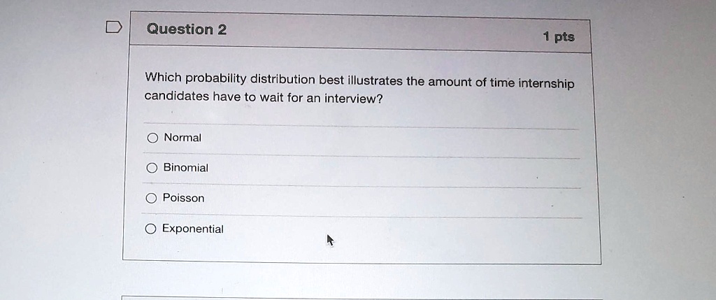 SOLVED: Question 2 pts Which probability distribution best illustrates ... SOLVED: Question 2 pts Which probability distribution best illustrates ...