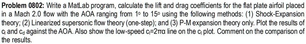 Problem 0802: Write a MatLab program, calculate the lift and drag coefficients for the flat ...
