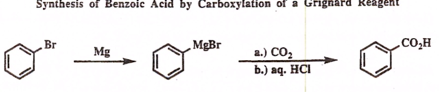 Synthesis of Benzoic Acid by Carboxylation of a Grignard Reagent Br Mg MgBr a.) CO2 b.) aq. HCl CO2H