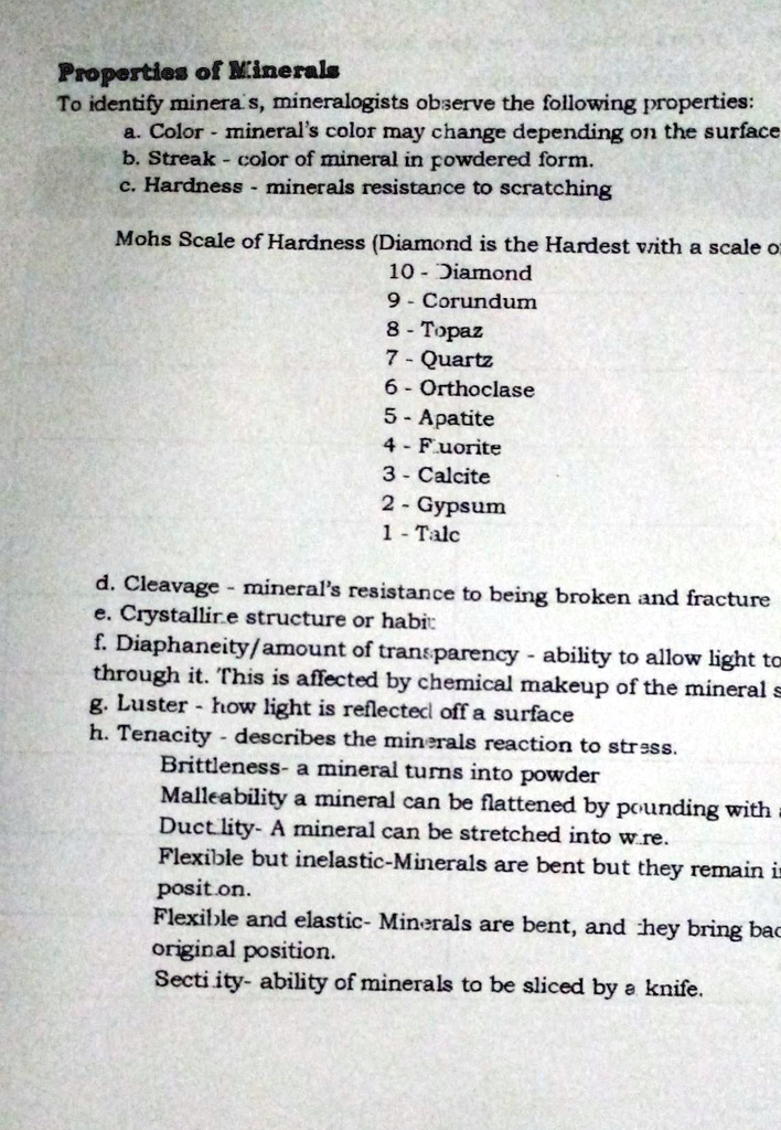 Properties of Minerals To identify minera's, mineralogists observe the ...