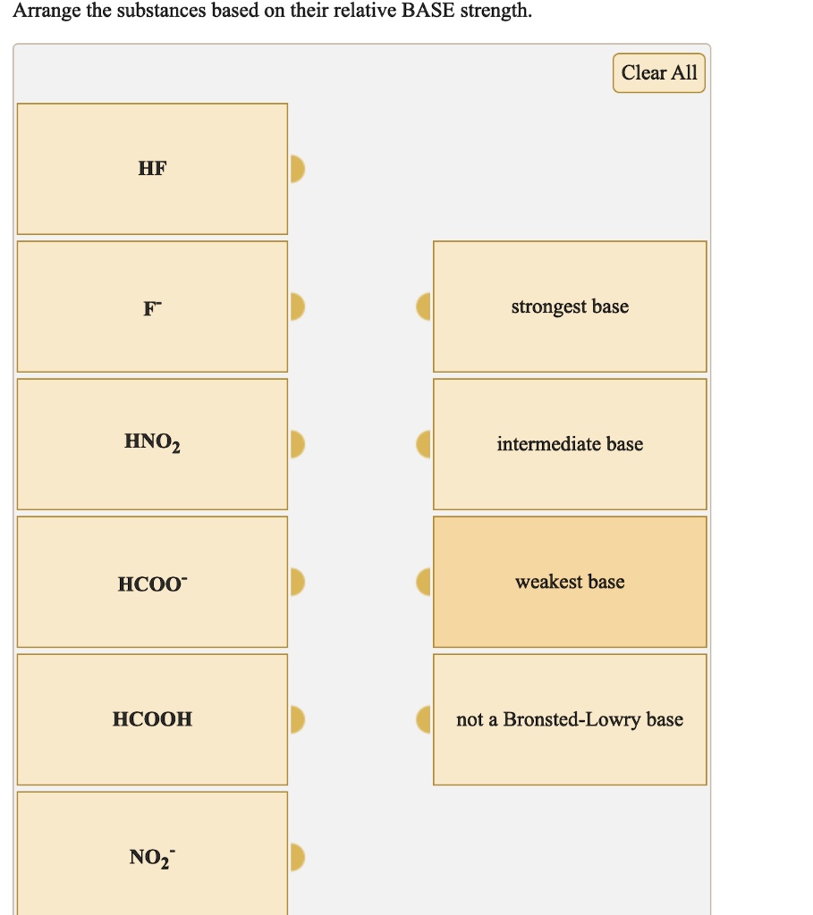 SOLVED:Arrange the substances based on their relative BASE strength#N# ...