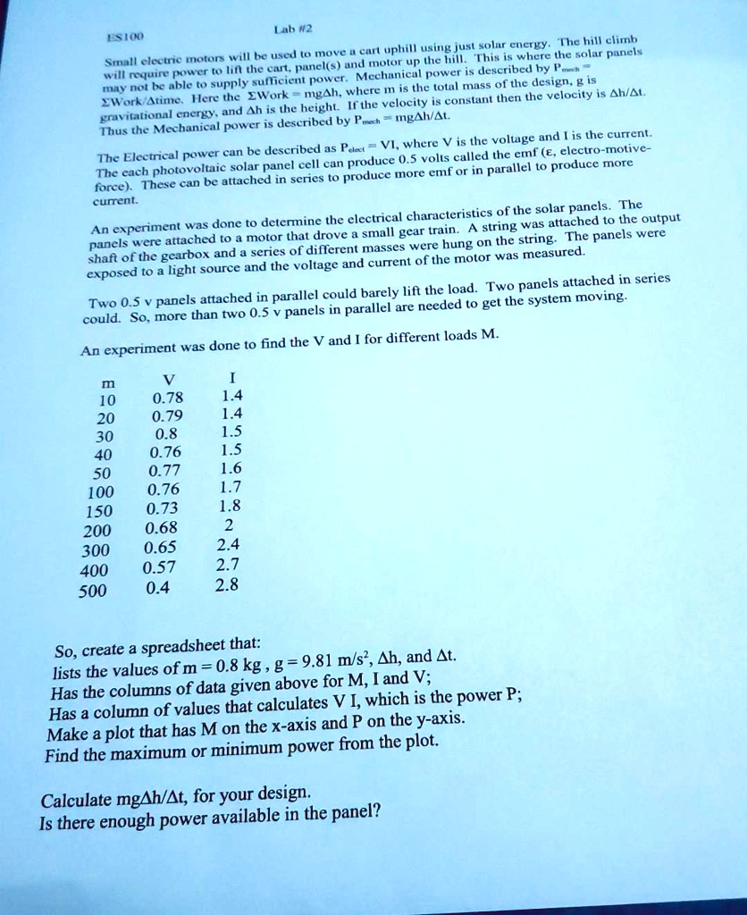 SOLVED: ES100 Lab #2: Small electric motors will be used to move a cart ...