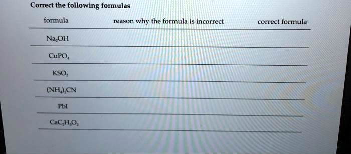 [GET ANSWER] correct the following formulas formula reason why the formula is incorrect correct ...