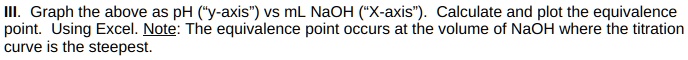 SOLVED: Graph the above as pH ("Y-axis' vs mL NaOH ("X-axis") . Calculate and plot the ...