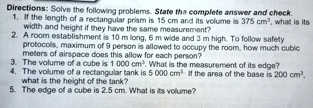 SOLVED: Directions: Solve the following problems. State tha complete ...