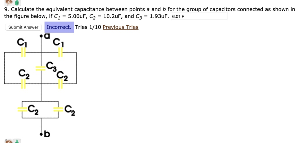 9. Calculate the equivalent capacitance between points a and b for the group of capacitors ...