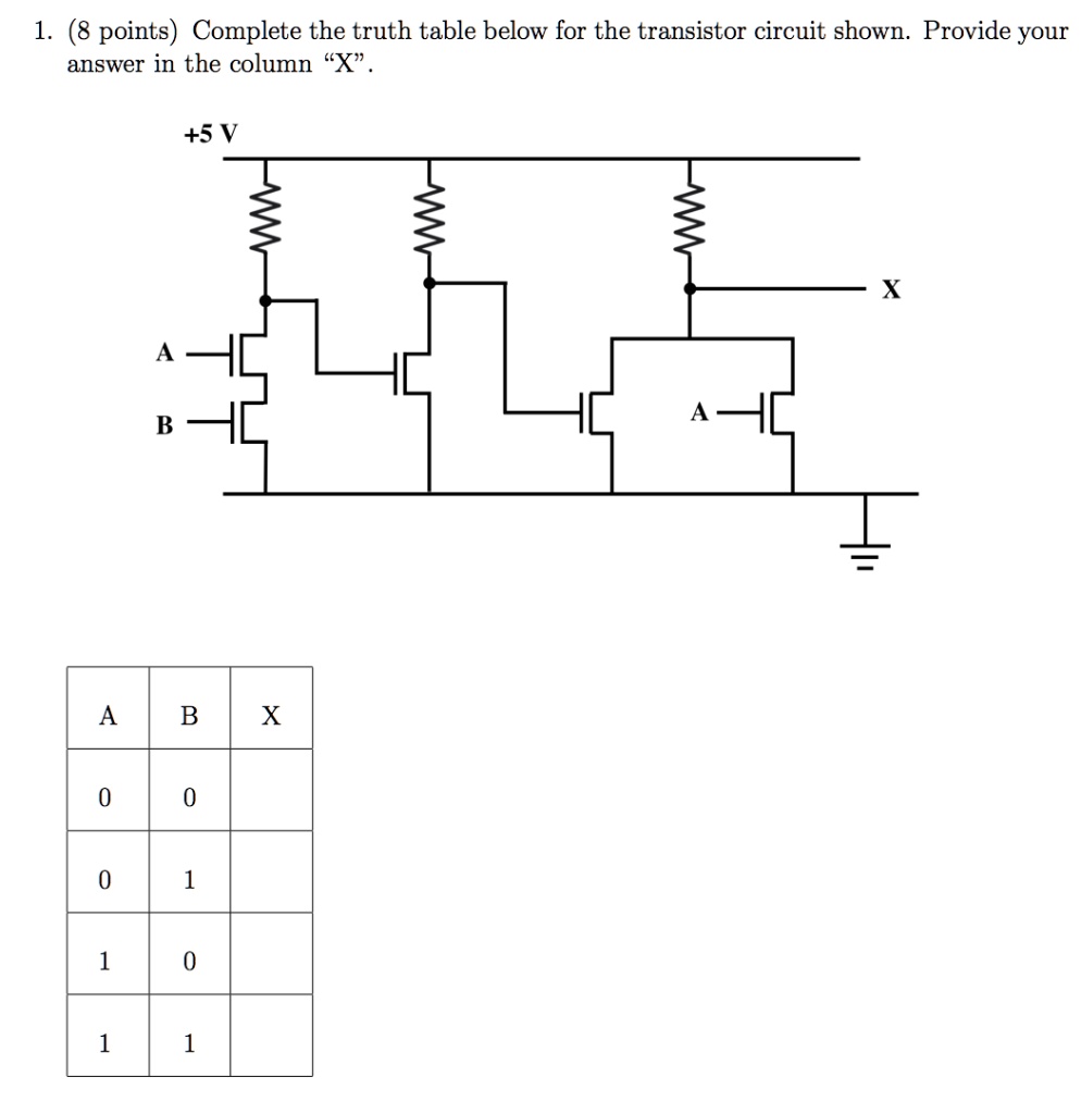 SOLVED: (8 points) Complete the truth table below for the transistor ...