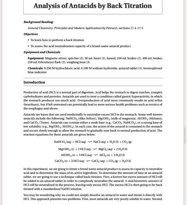 SOLVED:Analysis of Antacids by Back Titration Background Reading ...