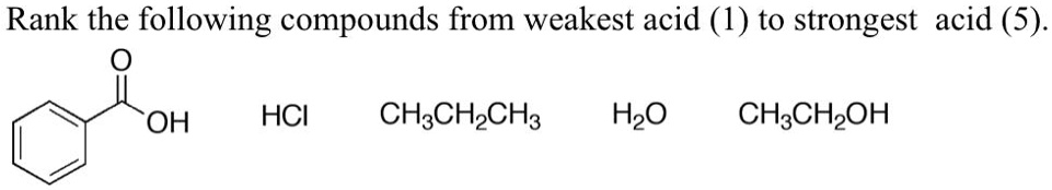 SOLVED: Rank the following compounds from weakest acid (1) to strongest ...
