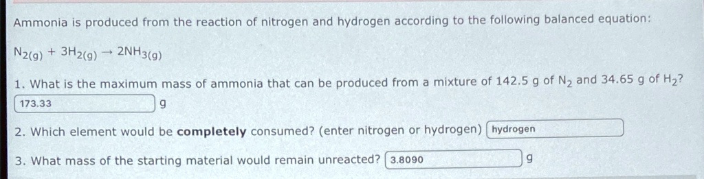 ammonia is produced from the reaction of nitrogen and hydrogen ...