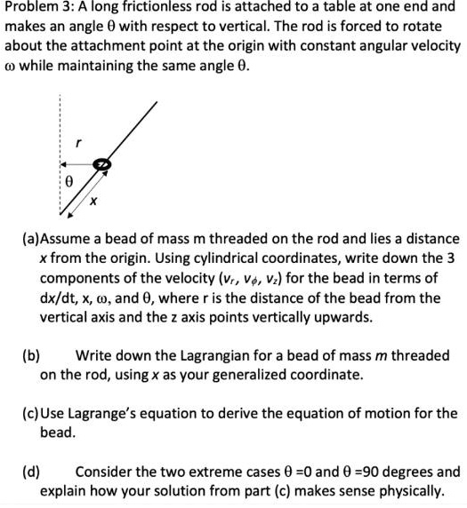 SOLVED: Problem 3:A long frictionless rod is attached to a table at one ...