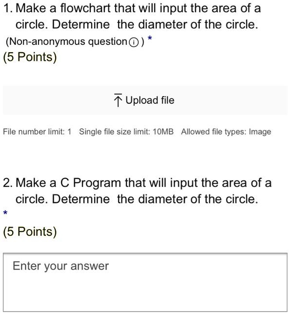 SOLVED: Make a flowchart that will input the area of a circle. Determine the diameter of the ...