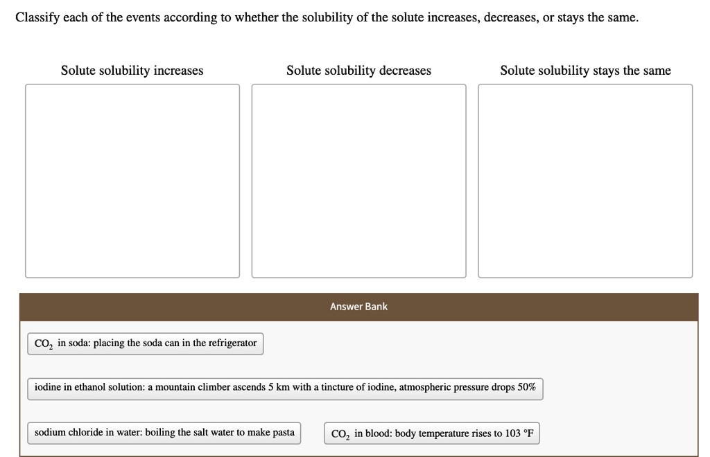 SOLVED: Classify each of the events according to whether the solubility of the solute increases ...