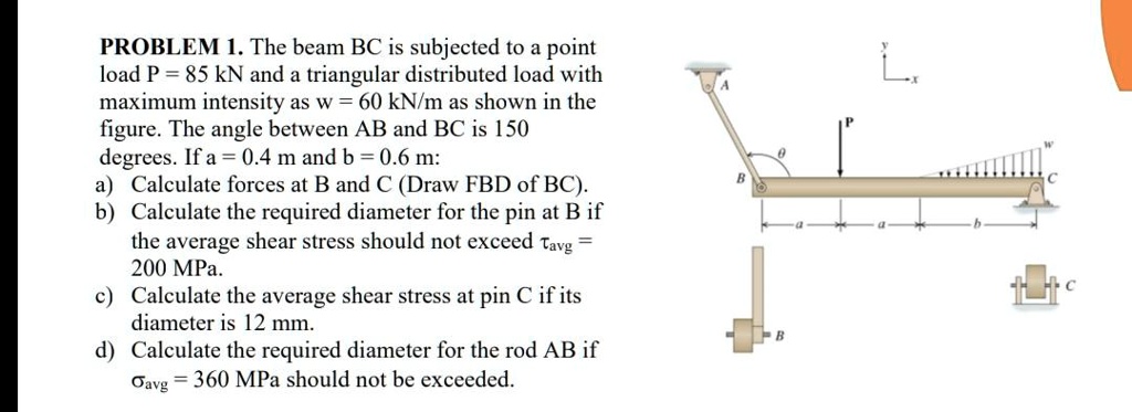 SOLVED: Problem 1: The beam BC is subjected to a point load P = 85 kN and a triangular ...