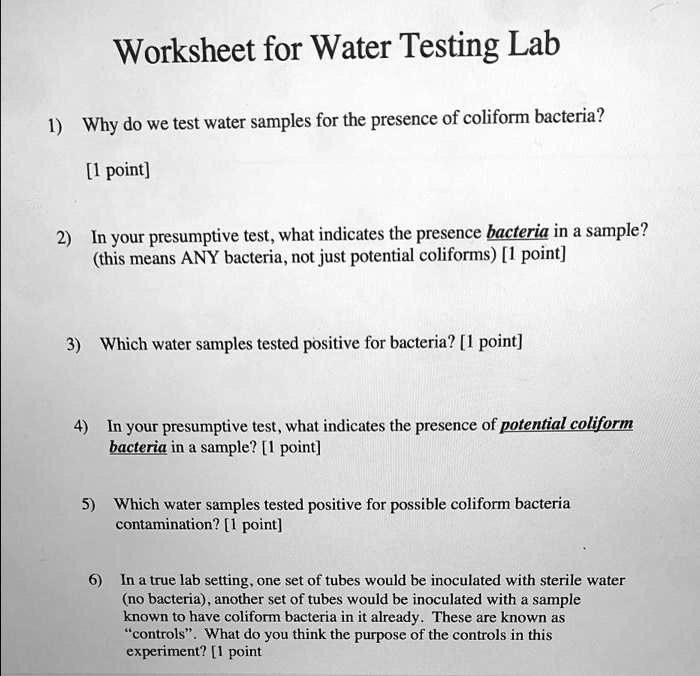 Worksheet for Water Testing Lab Why do we test water samples for the ...