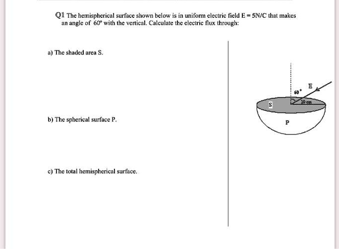Q1 The hemispherical surface shown below is in uniform electric field E ...