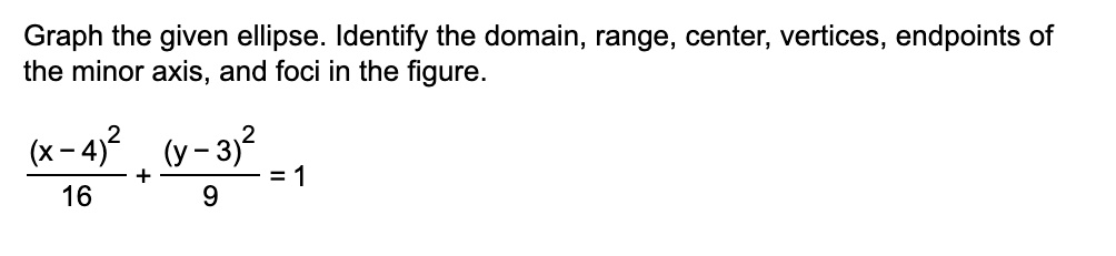 Graph the given ellipse. Identify the domain, range, center, vertices ...