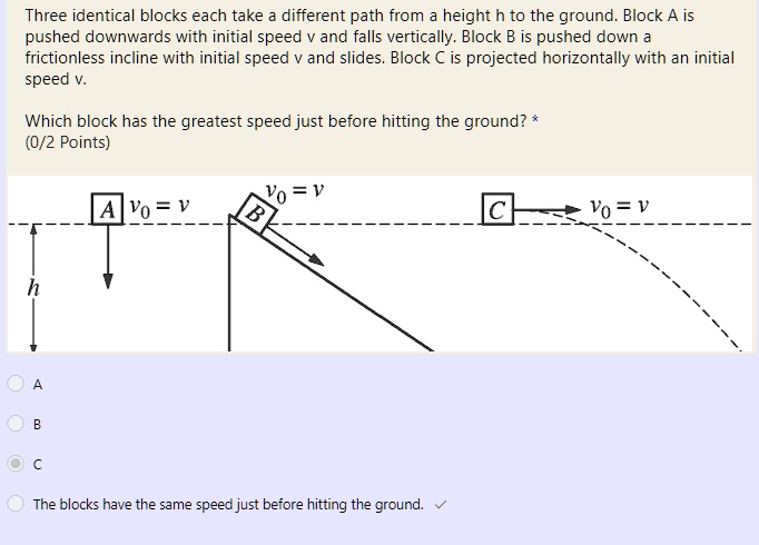 three identical blocks each take different path from height h to the ground block a is pushed ...