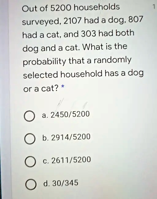 SOLVED: Out of 5200 households surveyed, 2107 had a dog; 807 had a cat ... SOLVED: Out of 5200 households surveyed, 2107 had a dog; 807 had a cat ...