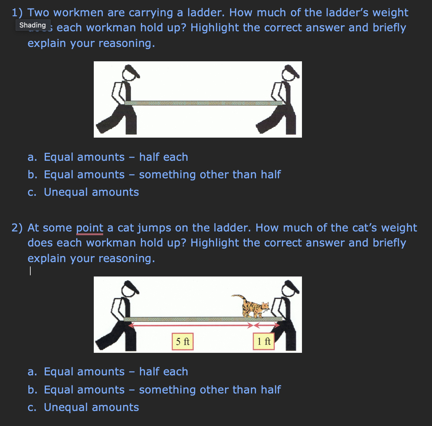 SOLVED: 1) Two workmen are carrying a ladder. How much of the ladder's ...