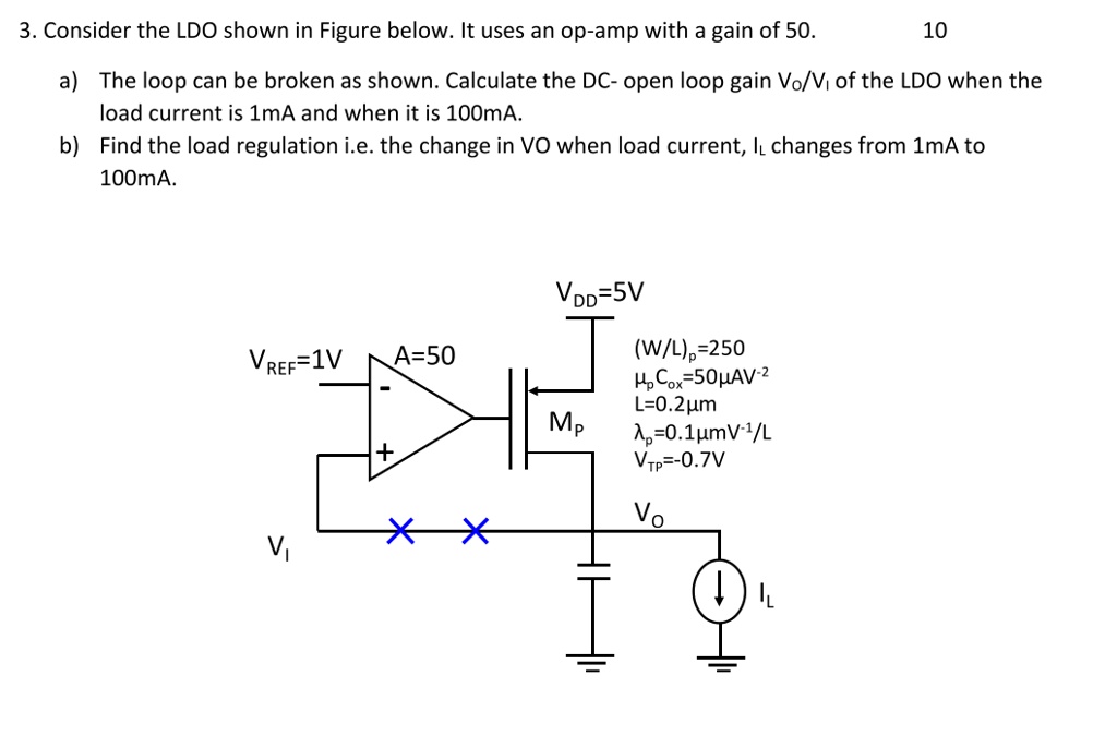 SOLVED: Consider the LDO shown in Figure below. It uses an op-amp with a gain of 50. a) The loop ...