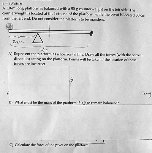 t = rF sin θA 1.0-m long platform is balanced with a 50-g counterweight ...
