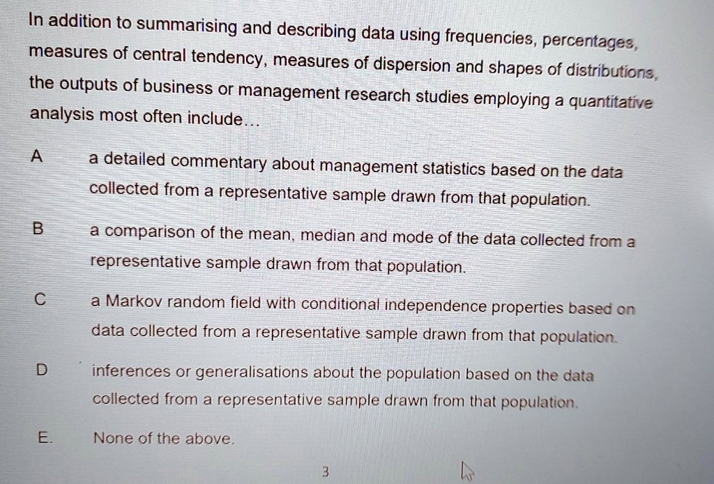 SOLVED: In addition to summarizing and describing data using frequencies, percentages, measures ...