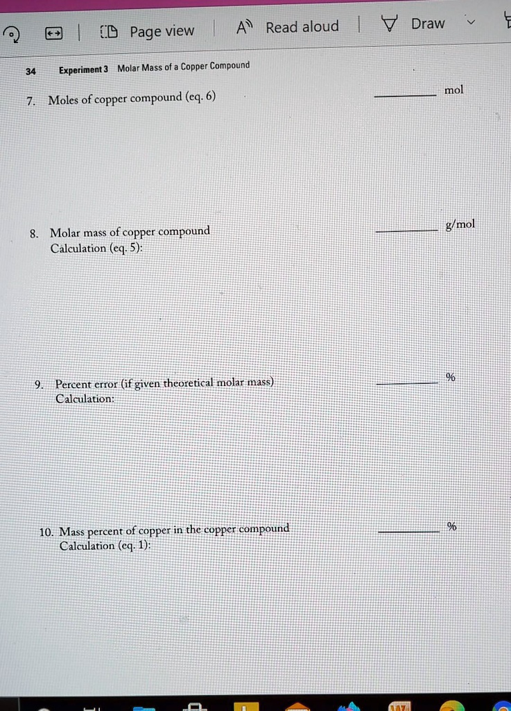 SOLVED: D Page view Read aloud Draw Experiment 3 Molar Mass of a Copper ...