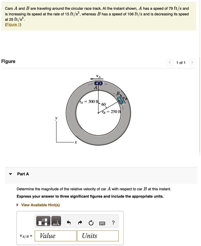 SOLVED: Cars A and B are traveling around the circular race track. At ...