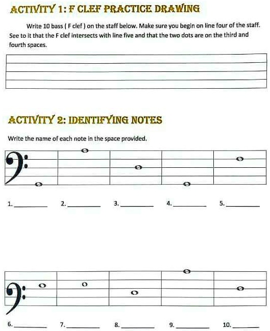 SOLVED: ACTIVITY 1: F CLEF PRACTICE DRAWING Write 10 bass (F clef) on ...