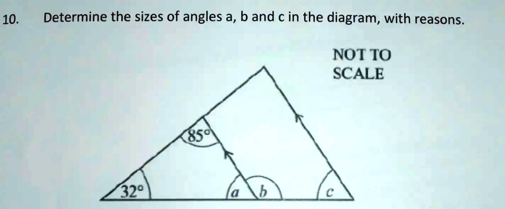 10. Determine the sizes of angles a, b and c in the diagram, with reasons. NOTTO SCALE 850 320