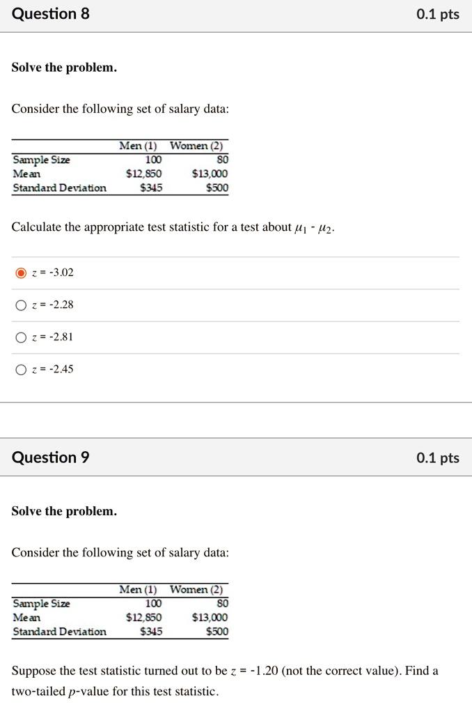 SOLVED: Question 8 0.1 pts Solve the problem. Consider the following set of salary data: Men 1 ...