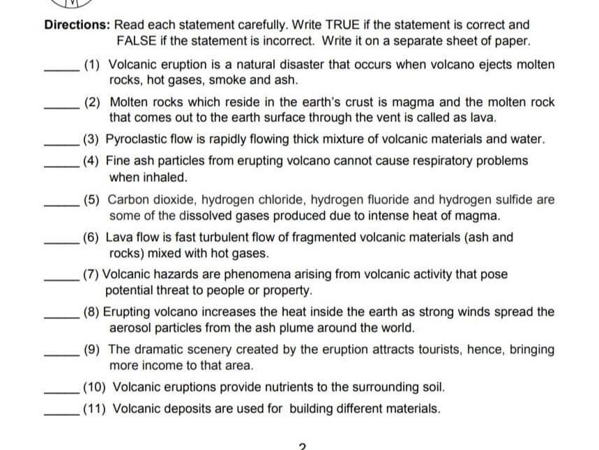 SOLVED: Directions: Read each statement carefully. Write TRUE if the ...