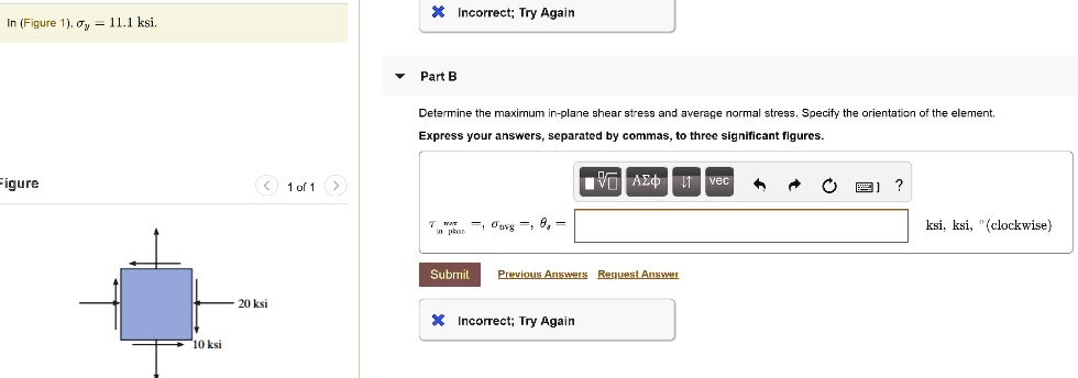 In Figure 1, y = 11.1 ksi. Part B Determine the maximum in-plane shear ...