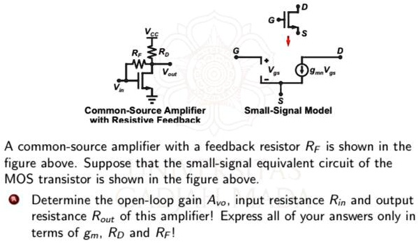 A common-source amplifier with a feedback resistor RF is shown in the figure above. Suppose that ...