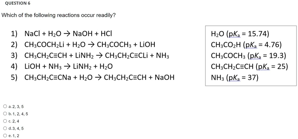 SOLVED: QUESTION 6 Which of the following reactions occur readily? 1) NaCl + H2O -> NaOH + HCl 2 ...
