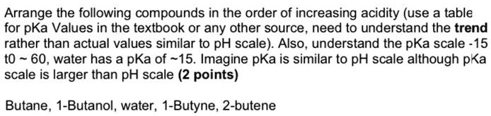 SOLVED: Arrange the following compounds in the order of increasing acidity (use a table for pKa ...