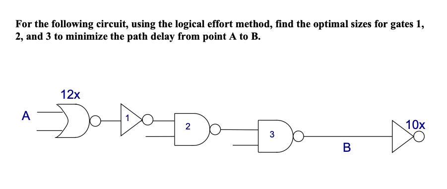 SOLVED: For the following circuit, using the logical effort method, find the optimal sizes for ...