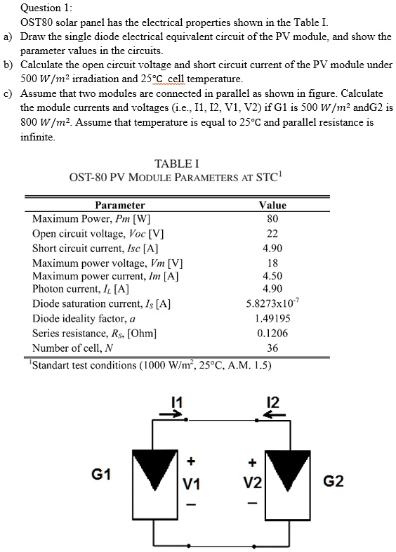 SOLVED: Question 1: OST-80 solar panel has the electrical properties shown in Table I. a) Draw ...