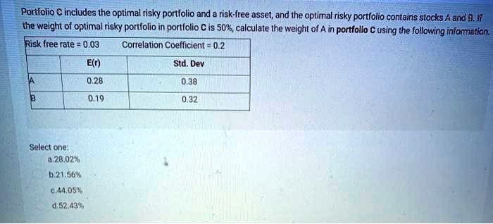 SOLVED: Portfolio C includes the optimal risky portfolio and a risk ...