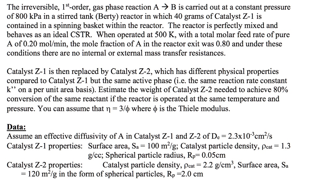 The irreversible, 1st-order, gas phase reaction A →B is carried out at ...