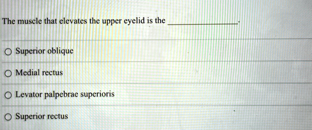 The muscle that elevates the upper eyelid is the Superior oblique ...