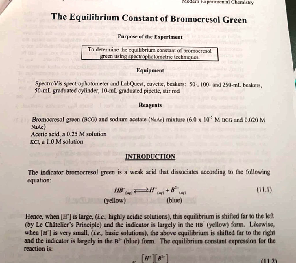 SOLVED: The Equilibrium Constant of Bromocresol Green Purpose of the ...
