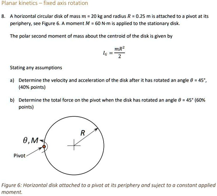 SOLVED: Planar kinetics fixed axis rotation A horizontal circular disk of mass m = 20 kg and ...