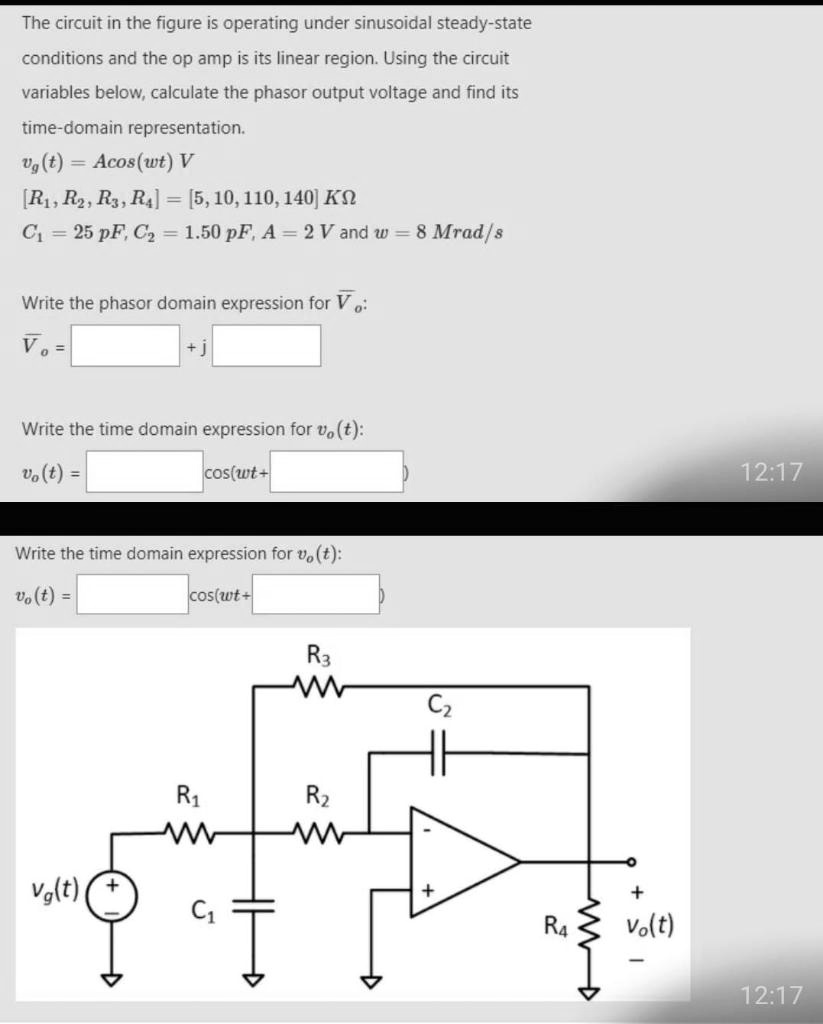 the circuit in the figure is operating under sinusoidal steady state conditions and the op amp ...
