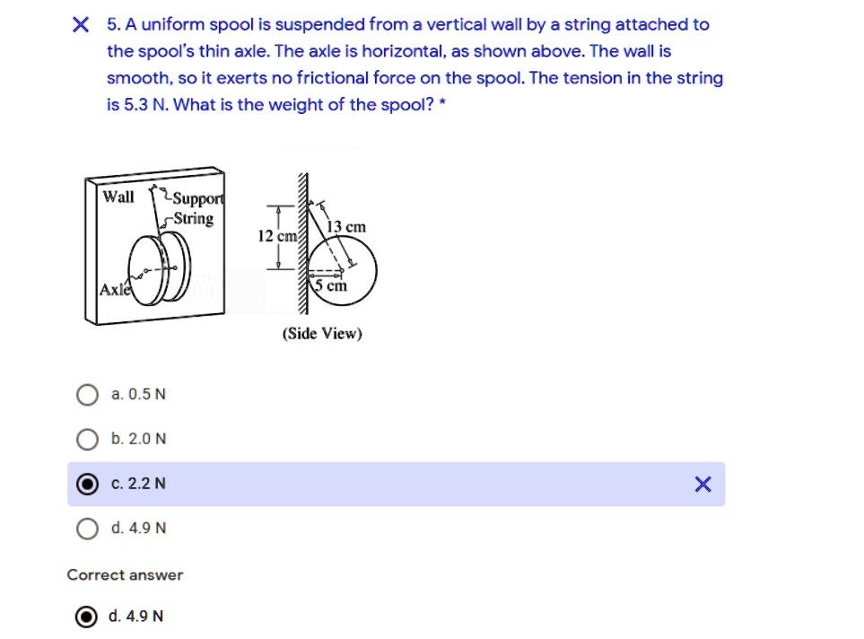 X 5. A uniform spool is suspended from a vertical wall by a string ...